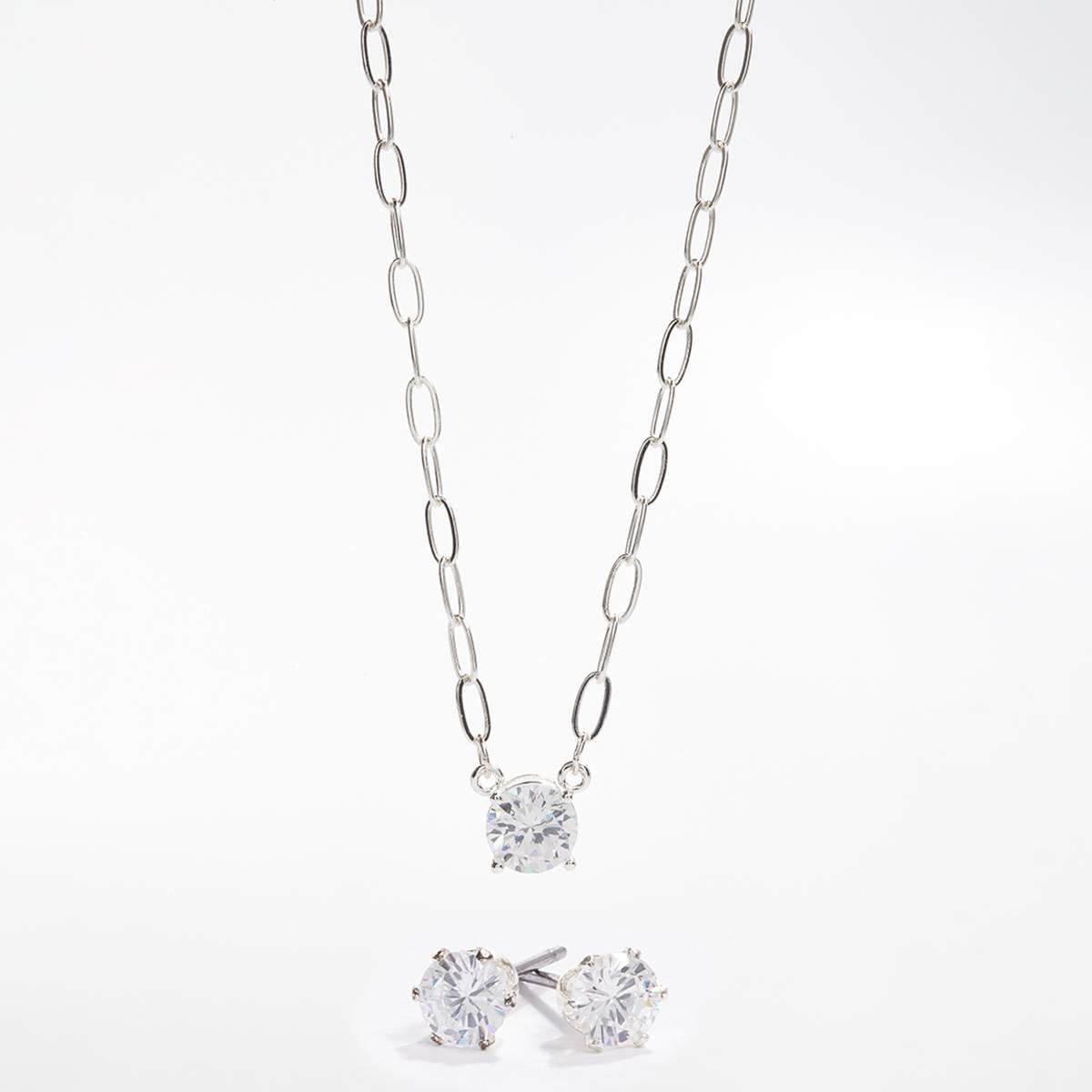 Click here for Silver-Tone CZ Paperclip Link Necklace & Earring S... prices