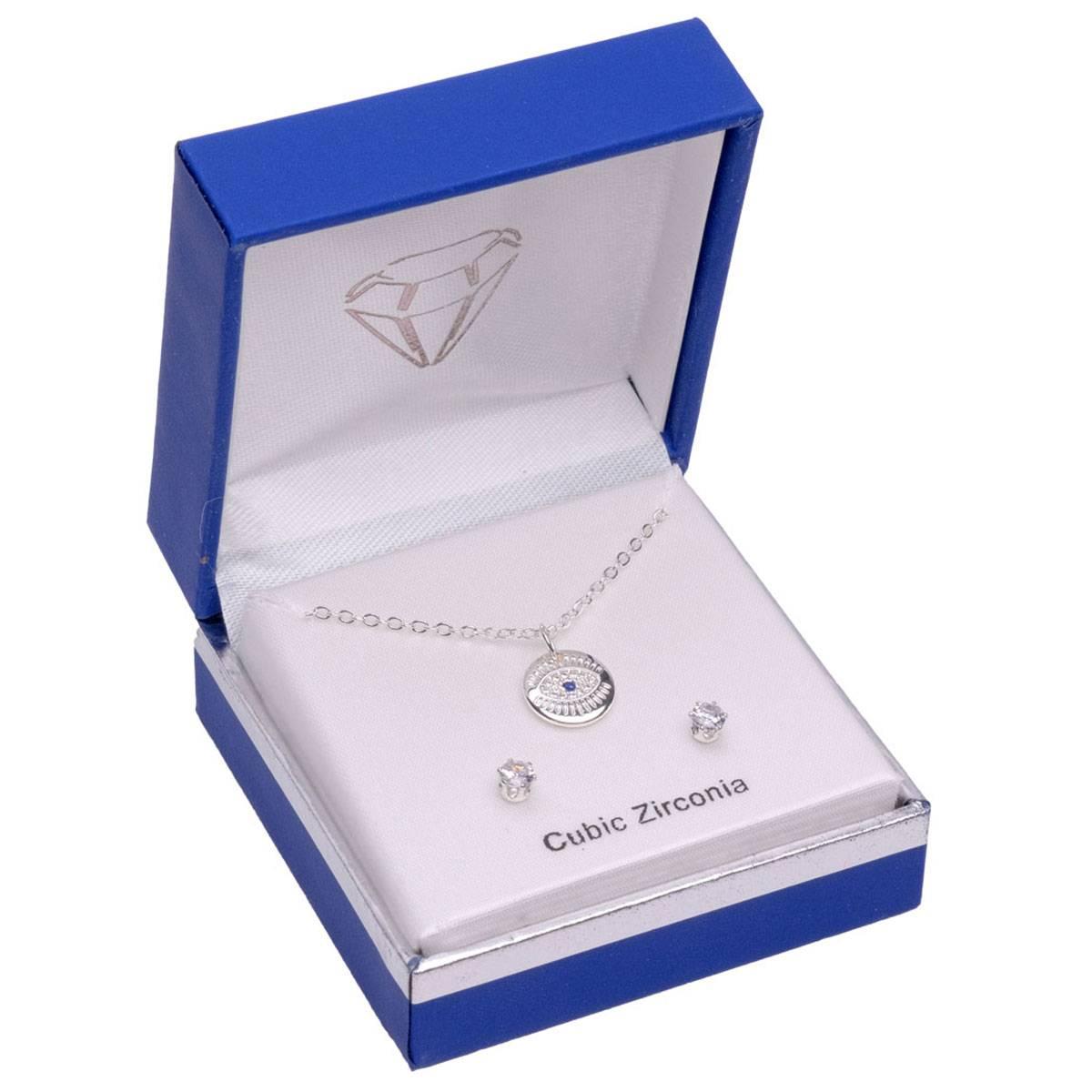 Click here for Silver-Tone CZ Evil Eye Pendant & Earring Set prices