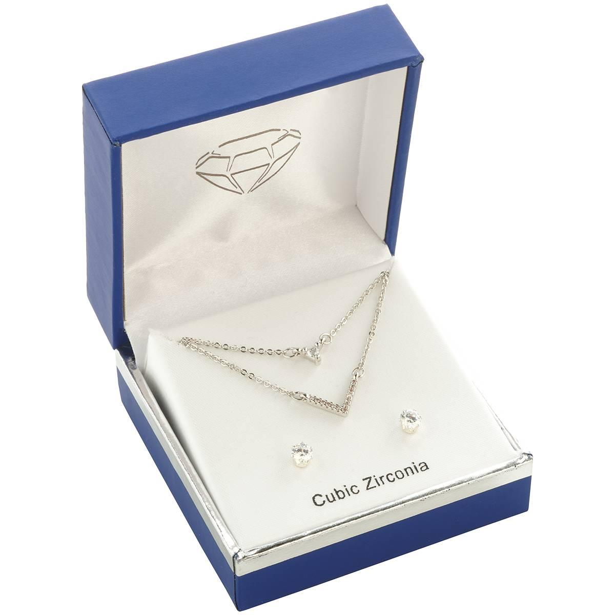 Click here for Silver-Tone CZ Layered Necklace & Earrings Set prices