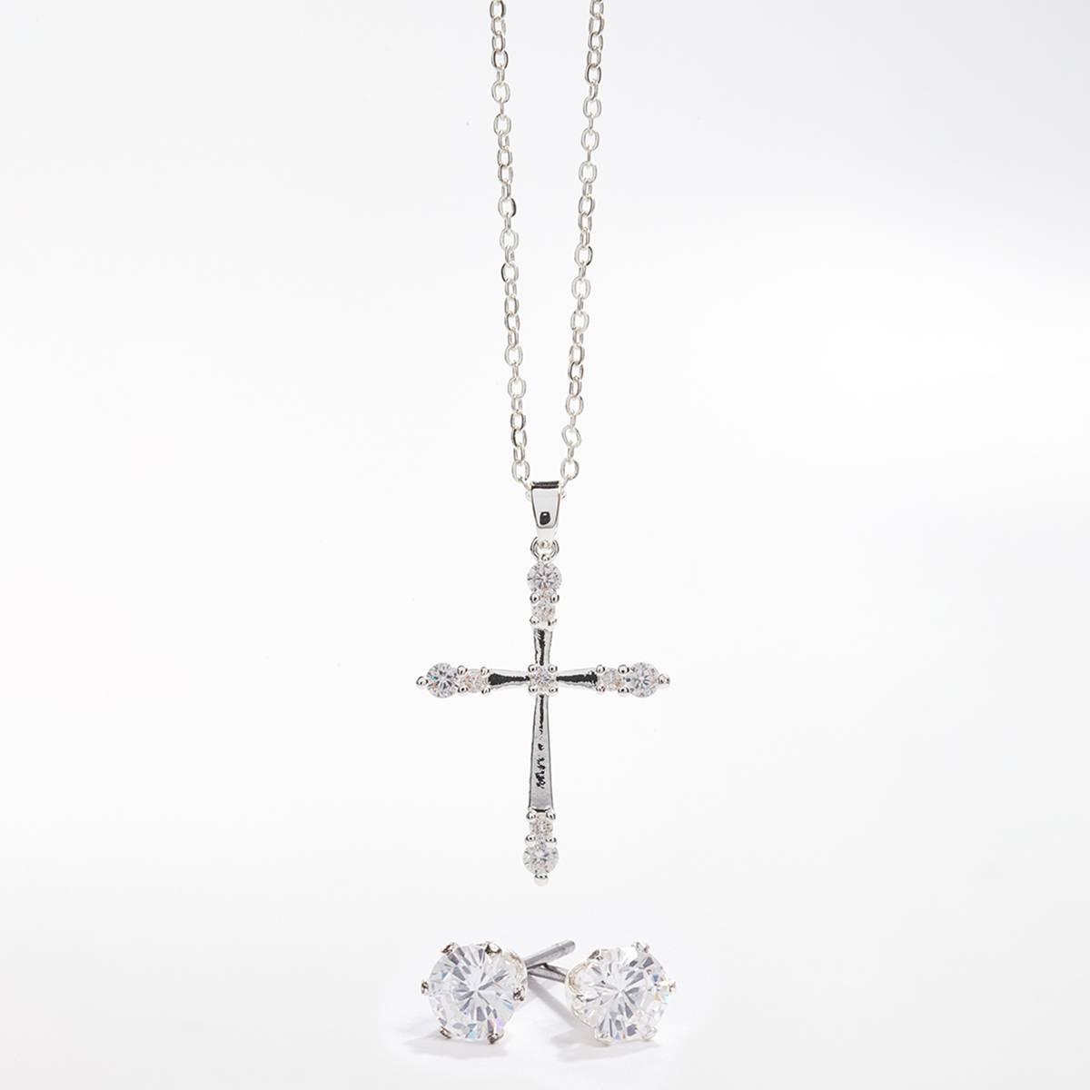 Click here for Silver-Tone CZ Cross Pendant & Earring Set prices