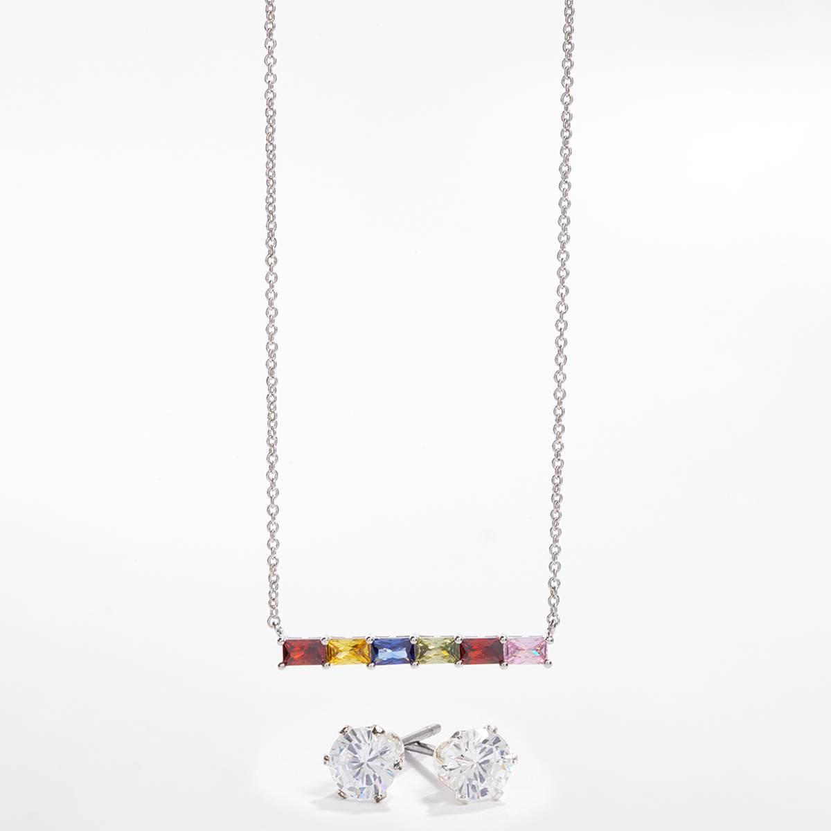 Click here for Silver-Tone CZ Rainbow Bar Necklace & Earring Set prices