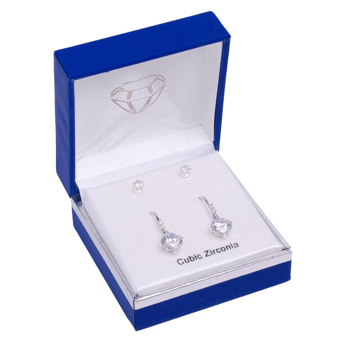 Click here for Silver-Tone 8mm CZ Dangle & 4mm Round CZ Duo Earri... prices