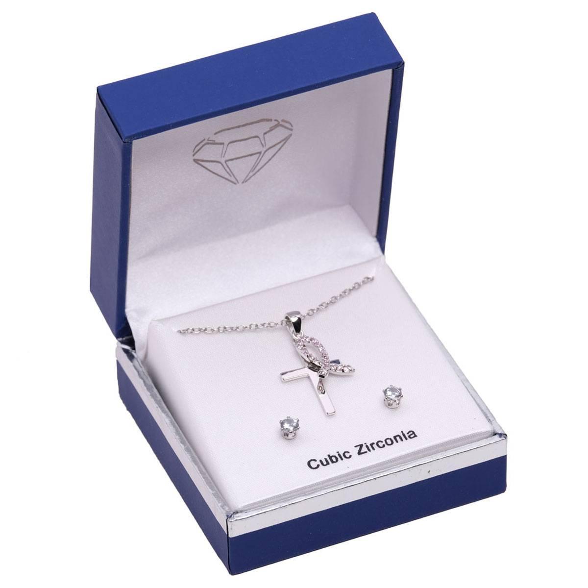 Click here for Silver-Tone CZ Pink Ribbon Cross Pendant & Earring... prices