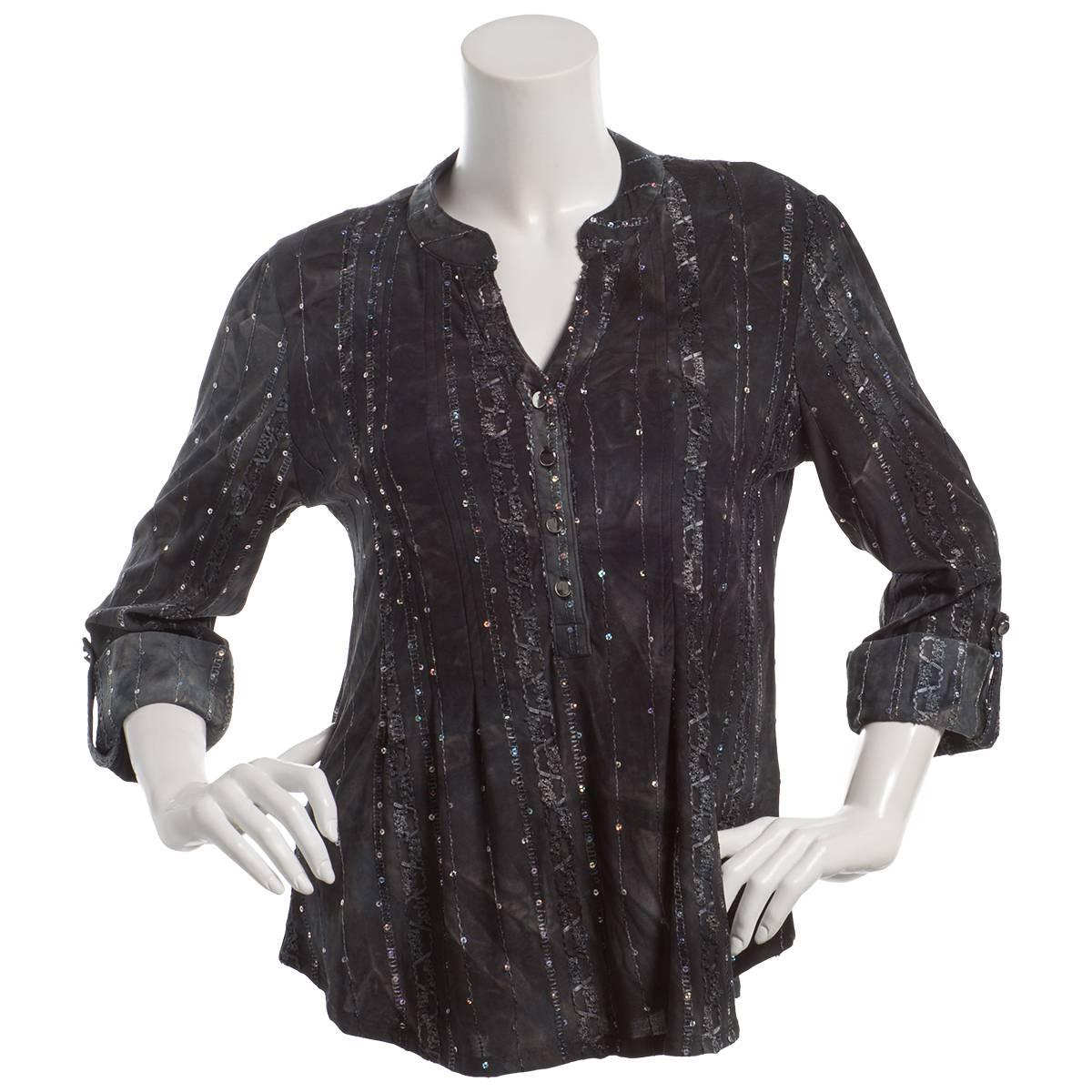 Click here for Petite Cocomo 3/4 Sleeve Gomez Henley Sequin Trim... prices
