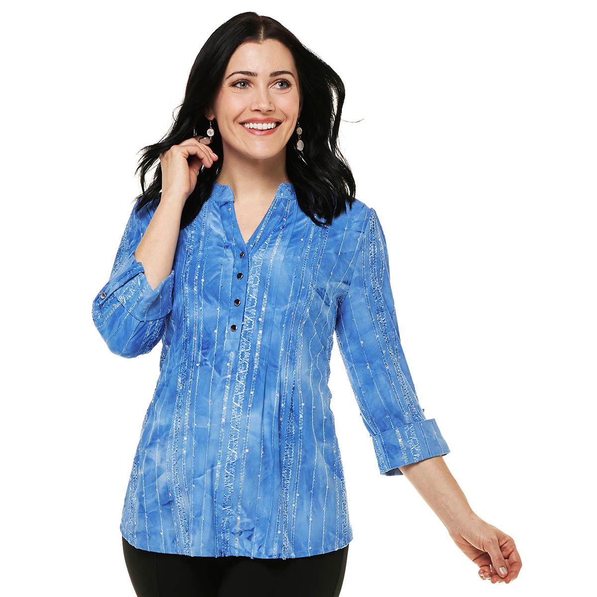 Click here for Petite Cocomo 3/4 Sleeve Gomez Henley Sequin Trim... prices