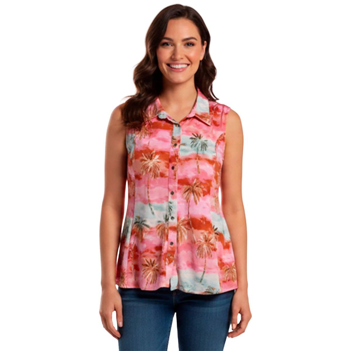 Click here for Womens Cocomo Sleeveless Tropical Palm Tree Blouse prices