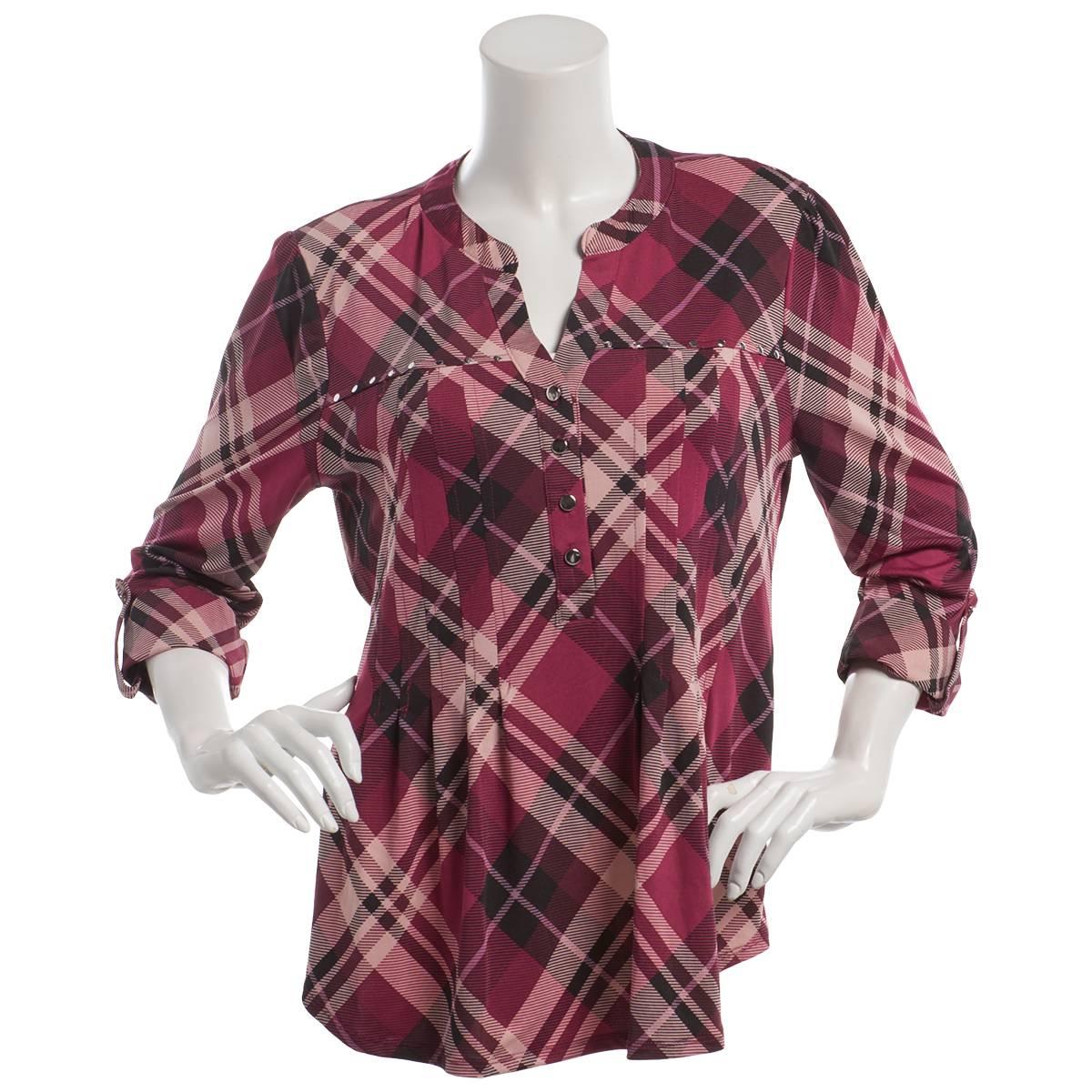 Click here for Petite Cocomo 3/4 Sleeve Studded Henley Plaid Blou... prices