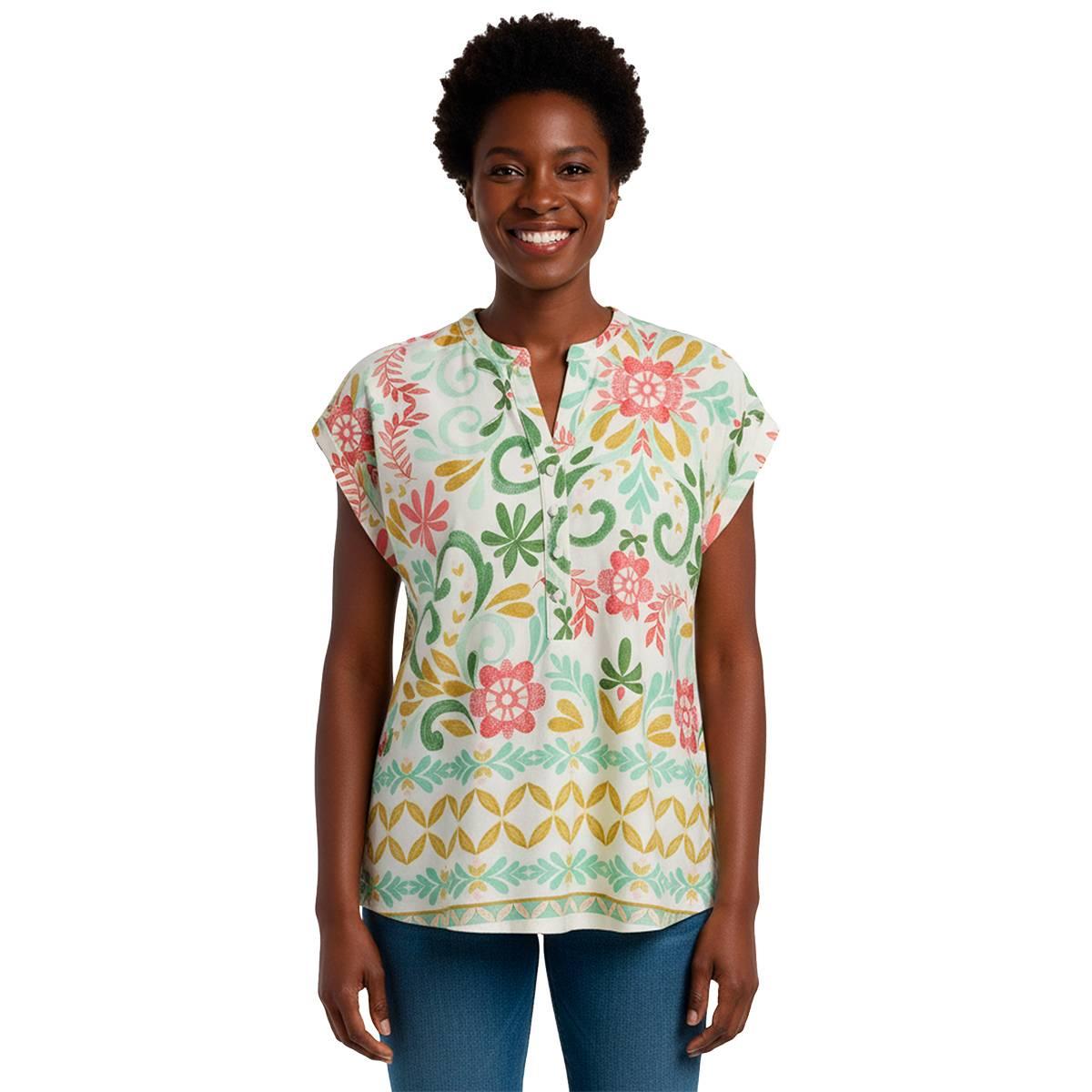 Click here for Womens Cocomo Short Sleeve Floral Geometric Blouse prices