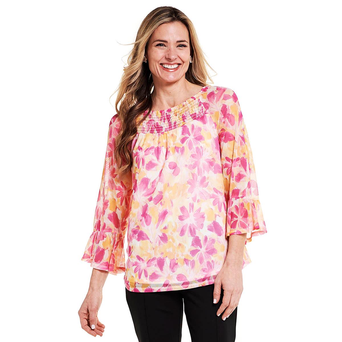 Click here for Petite Cocomo 3/4 Flounce Sleeve Floral Mesh Blous... prices