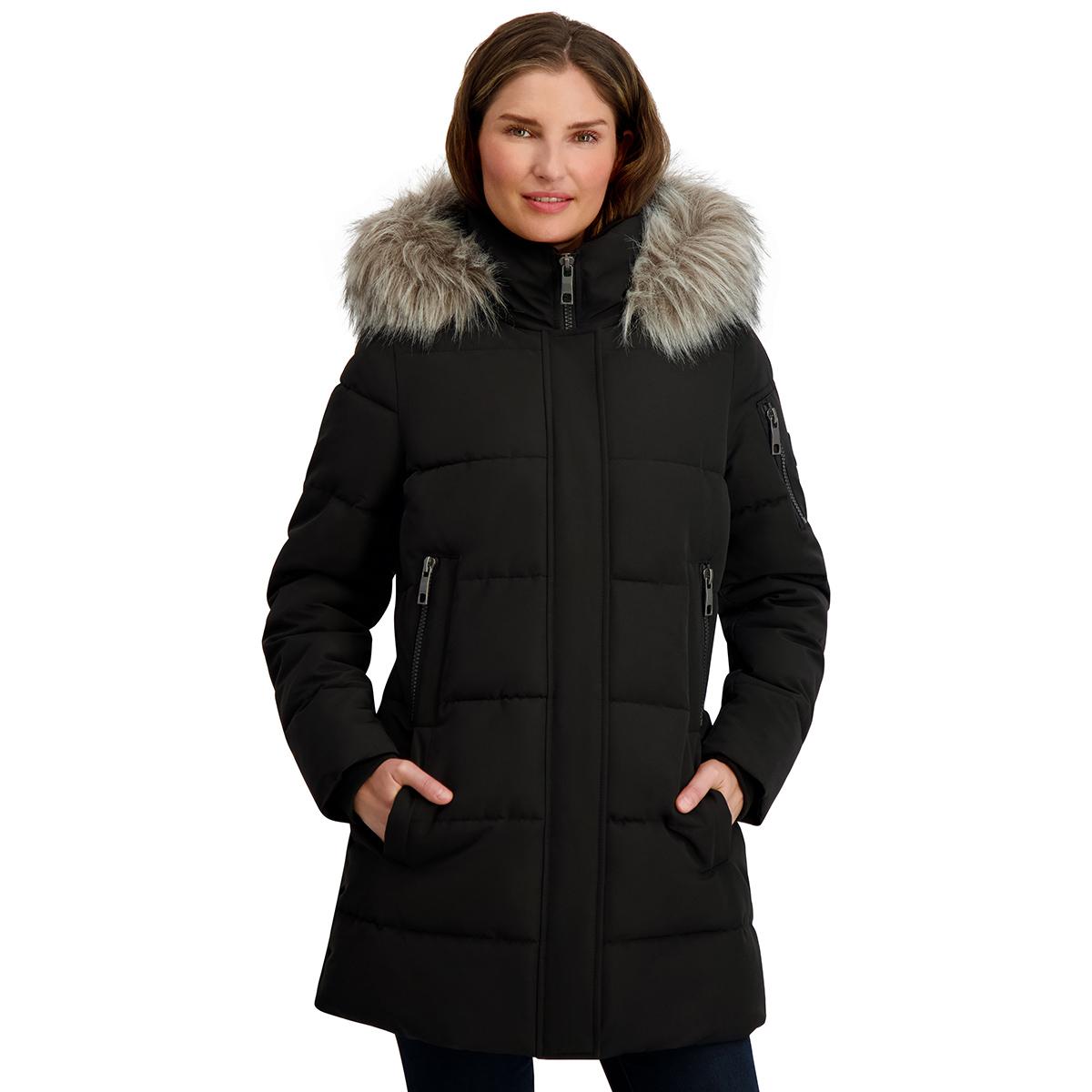 Nautica Womens Faux-Fur-Trim Hooded Puffer Coat - Winter White