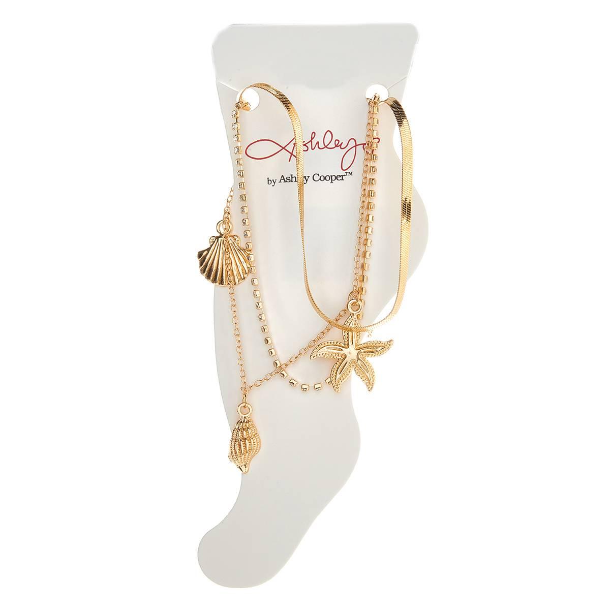 Click here for Ashley Gold Plated 3 Row Anklet with Stones and Sh... prices