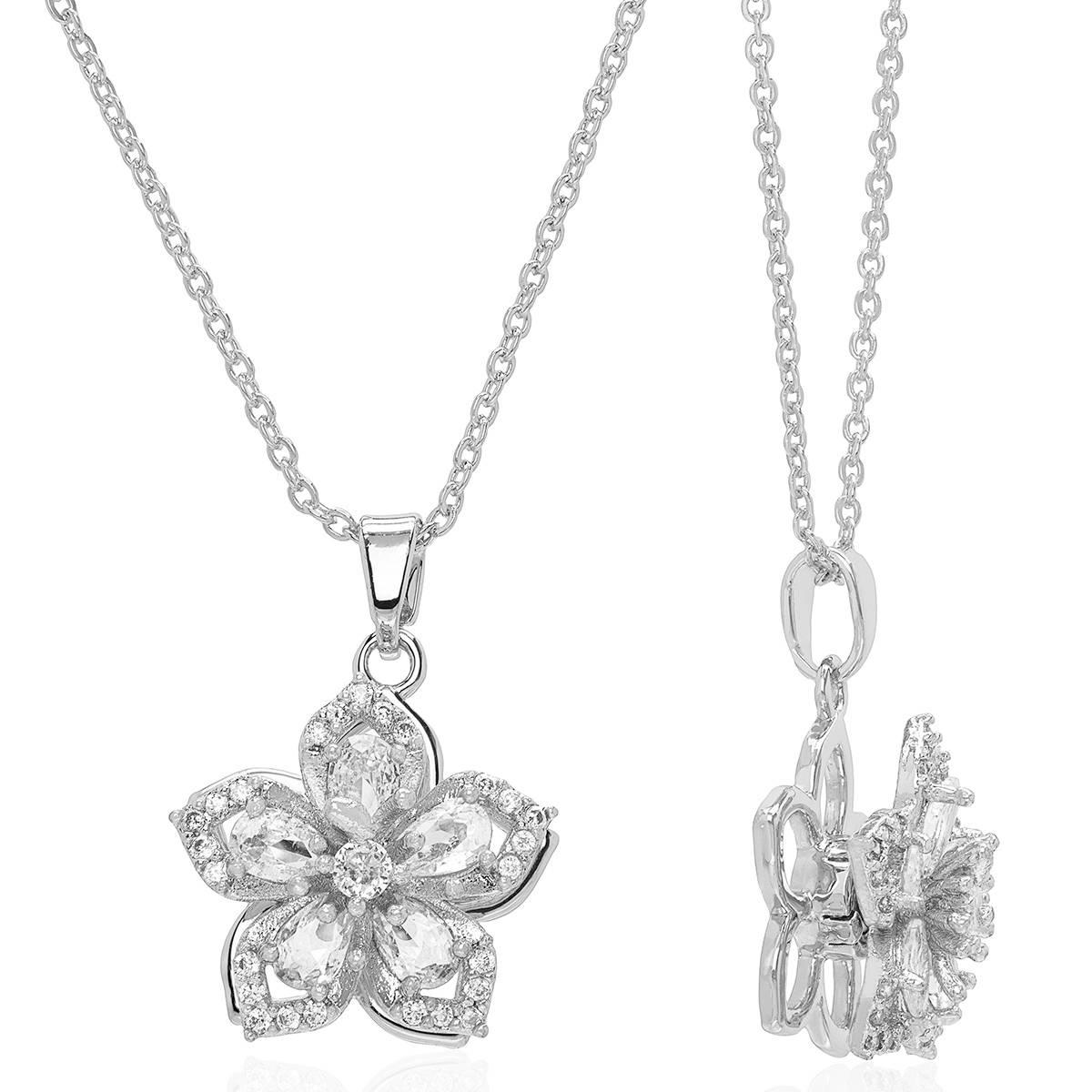 Click here for Silver-Plated CZ Flower Spinner Pendant Necklace prices