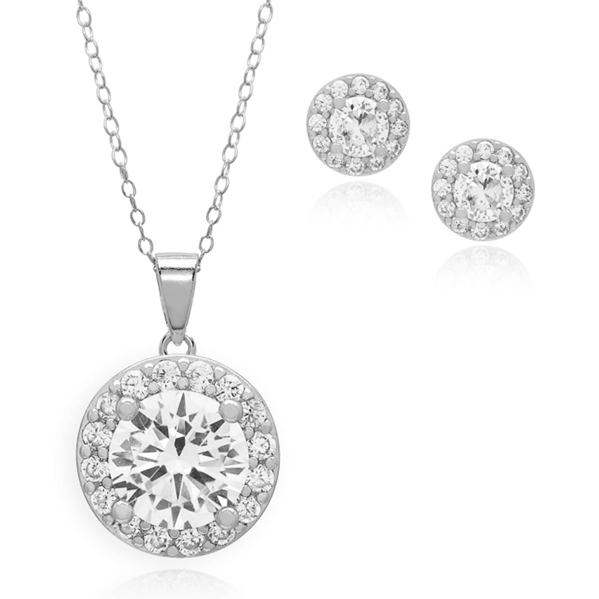 Click here for 2pc. Silver Plated & CZ Round Halo Earrings & Pend... prices