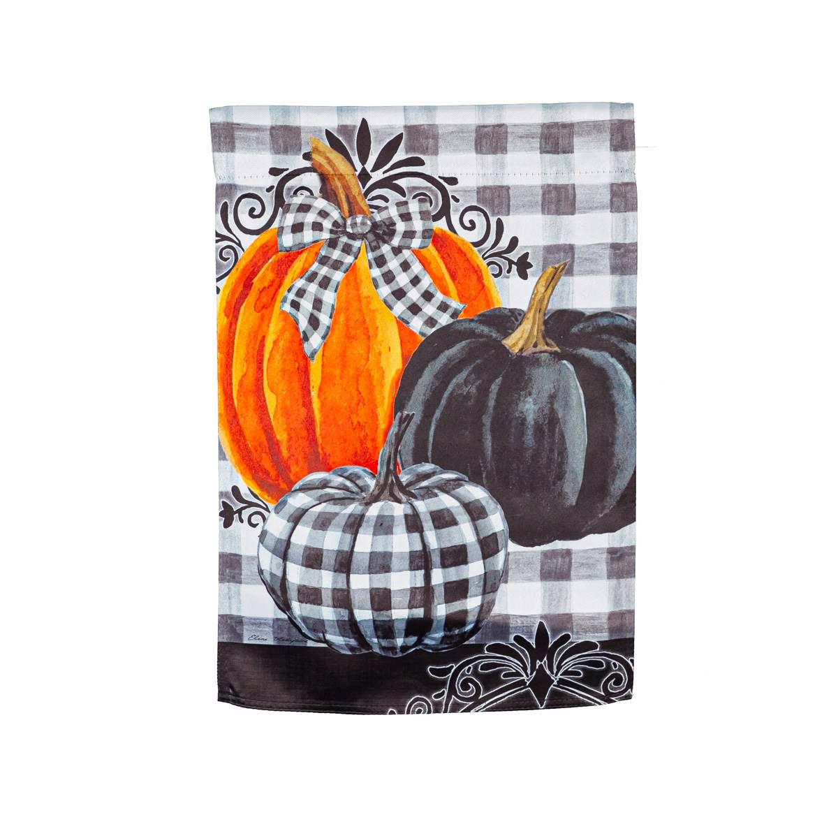 Click here for Evergreen Pumpkin Check Garden Faux Suede Flag prices