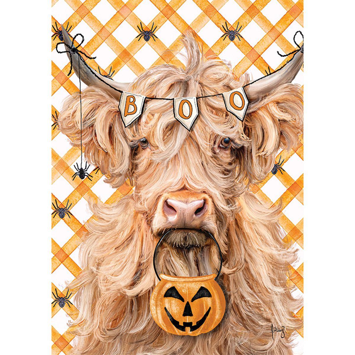 Click here for Evergreen Boo Highland Cow 18x12.5in. Garden Flag prices