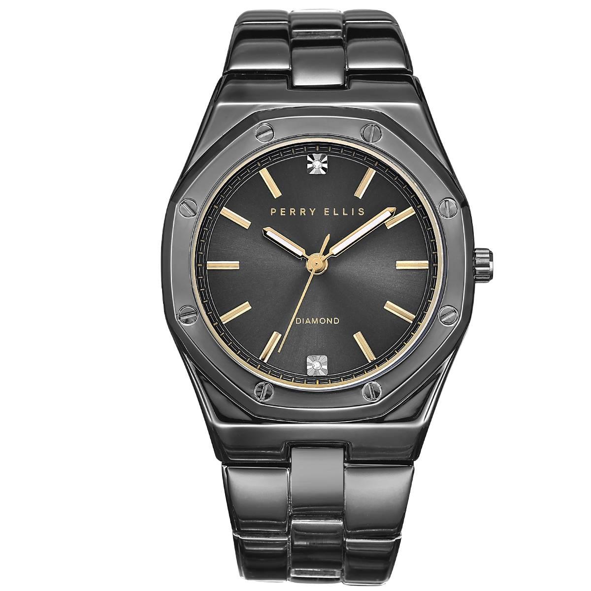 Click here for Mens Perry Ellis Gunmetal Diamond Bracelet Watch -... prices