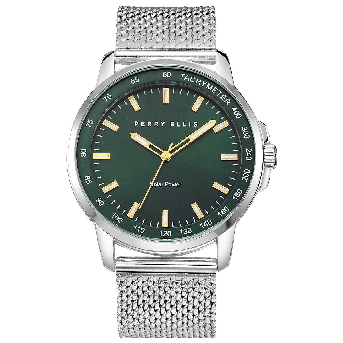 Click here for Mens Perry Ellis Solar Silver-Tone Green Dial Watc... prices