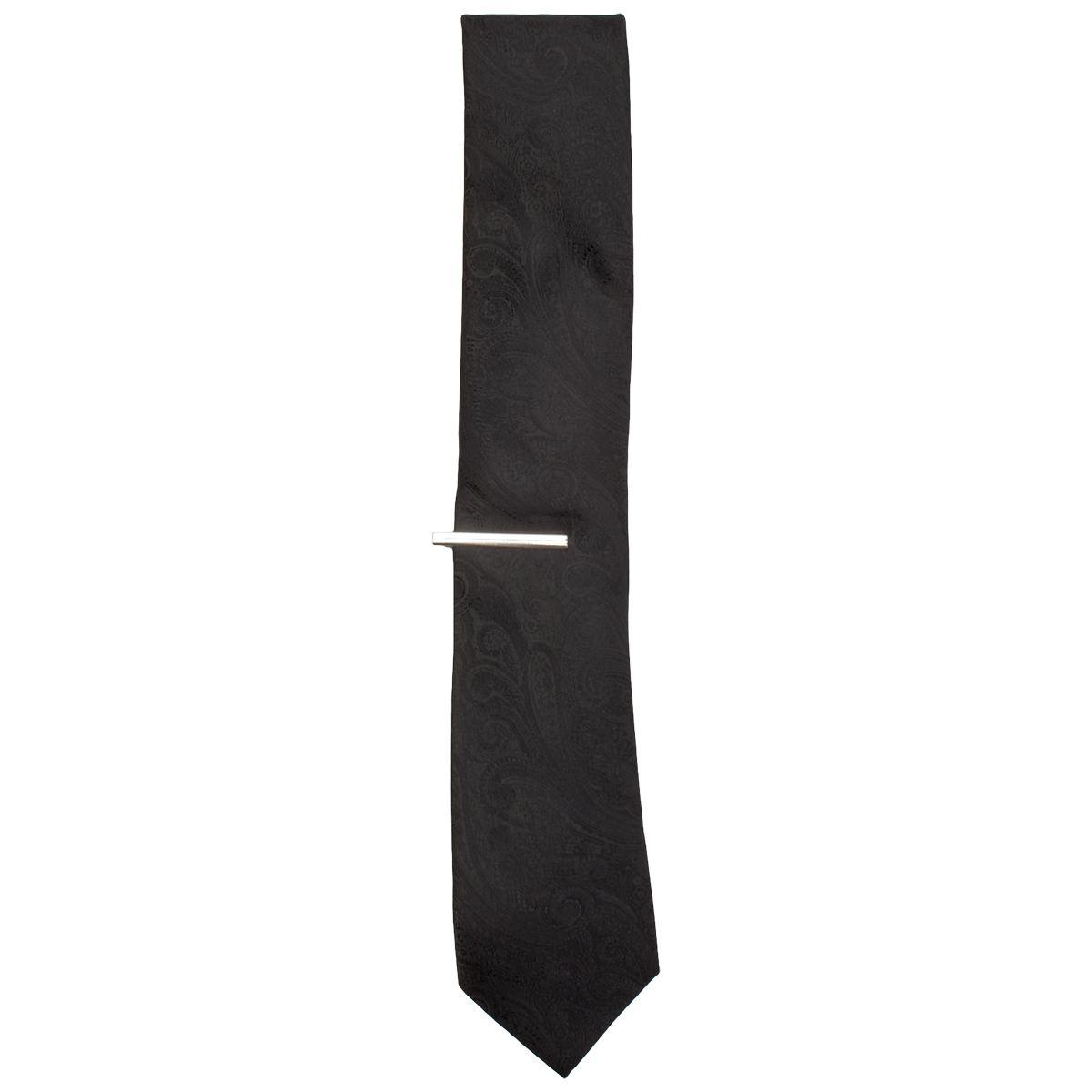 Click here for Mens Bill Blass Solid Paisley Tie & Tie Bar - Blac... prices