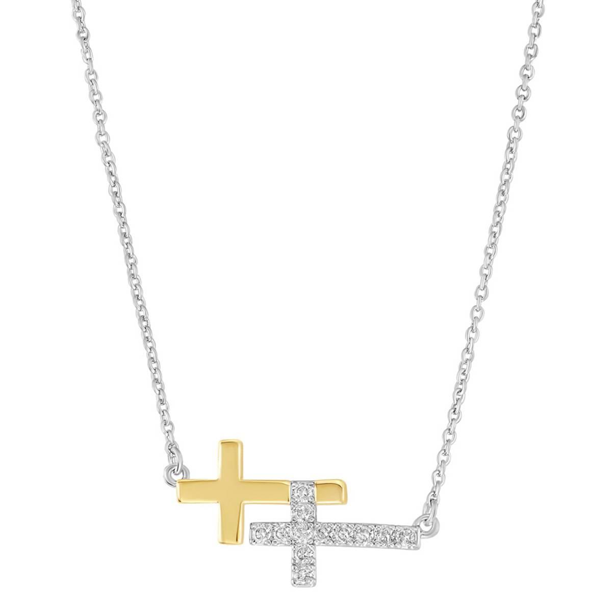 Click here for Athra Fine Silver Plated Two-Tone CZ Double Cross... prices