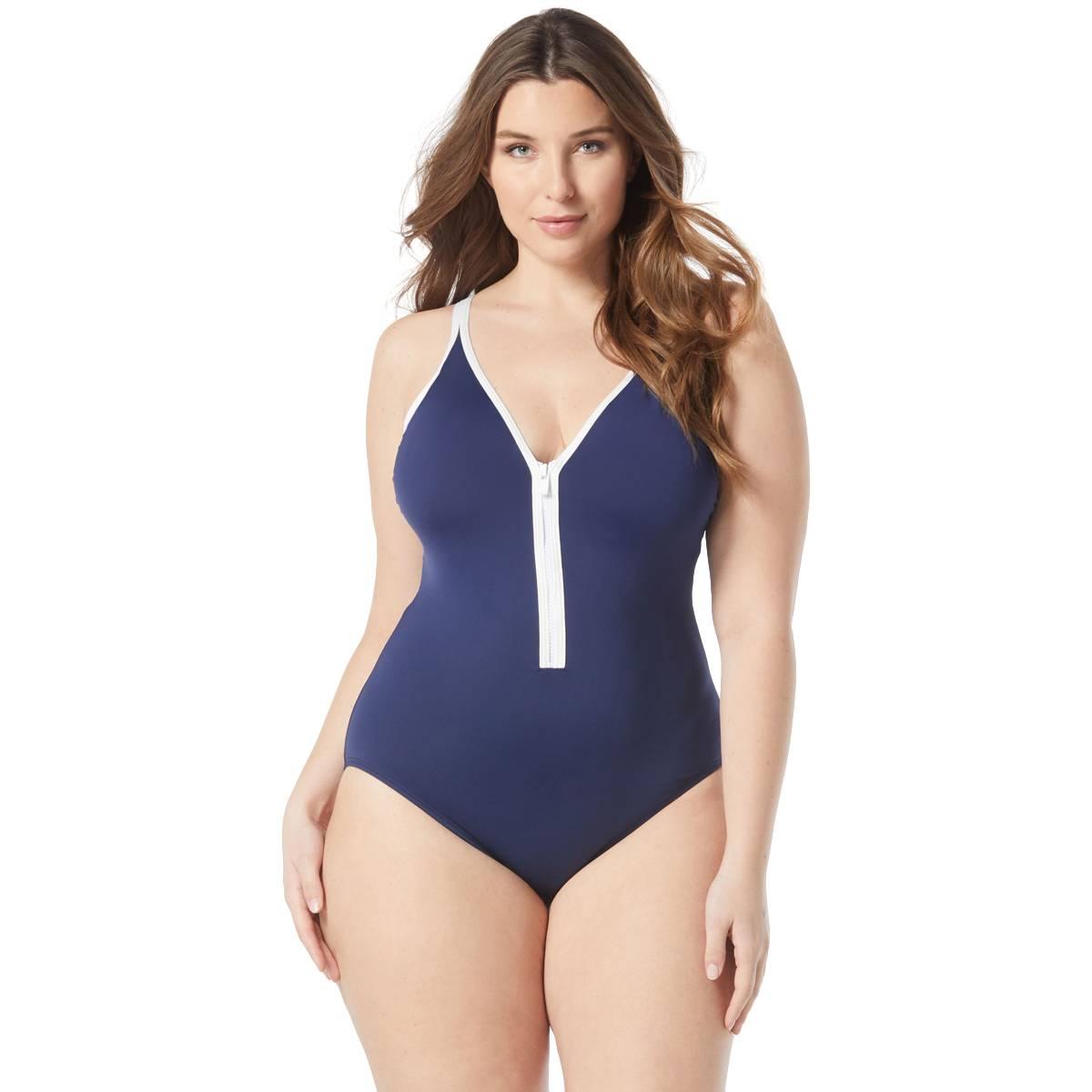 Click here for Plus Size Beach House Racy Zip Front One Piece Swi... prices
