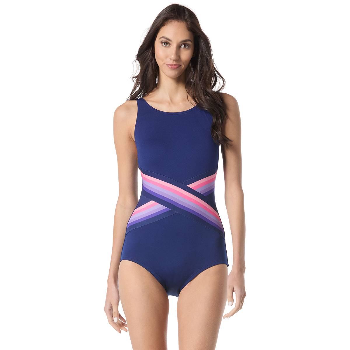 Click here for Womens Gabar Navy Stripe High Neck One Piece Swims... prices