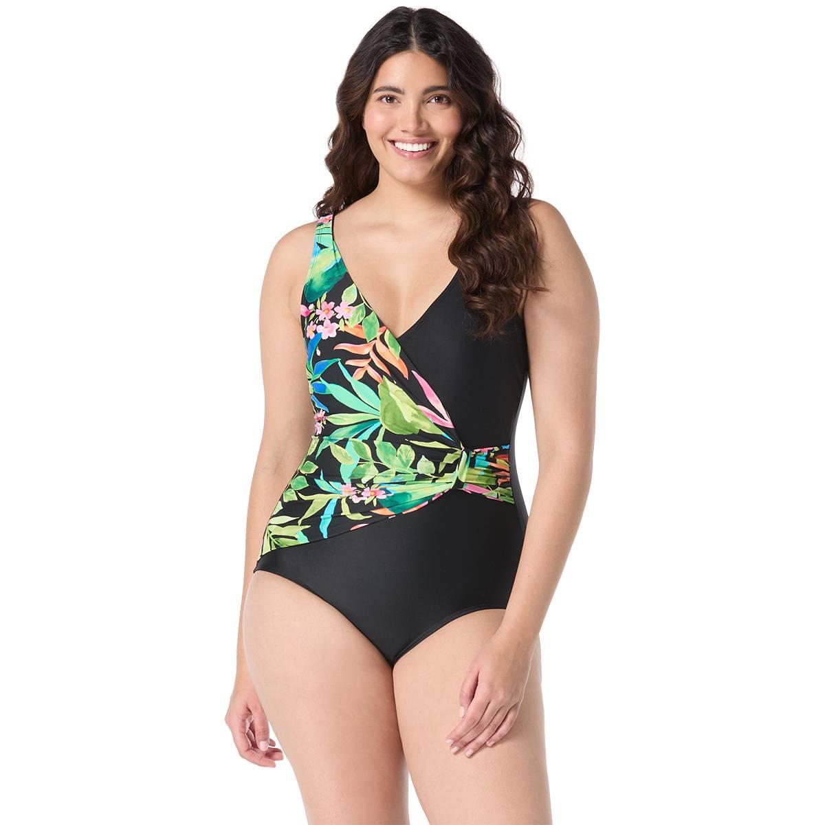 Click here for Womens Roxanne Tropical Draped Sash One Piece Swim... prices