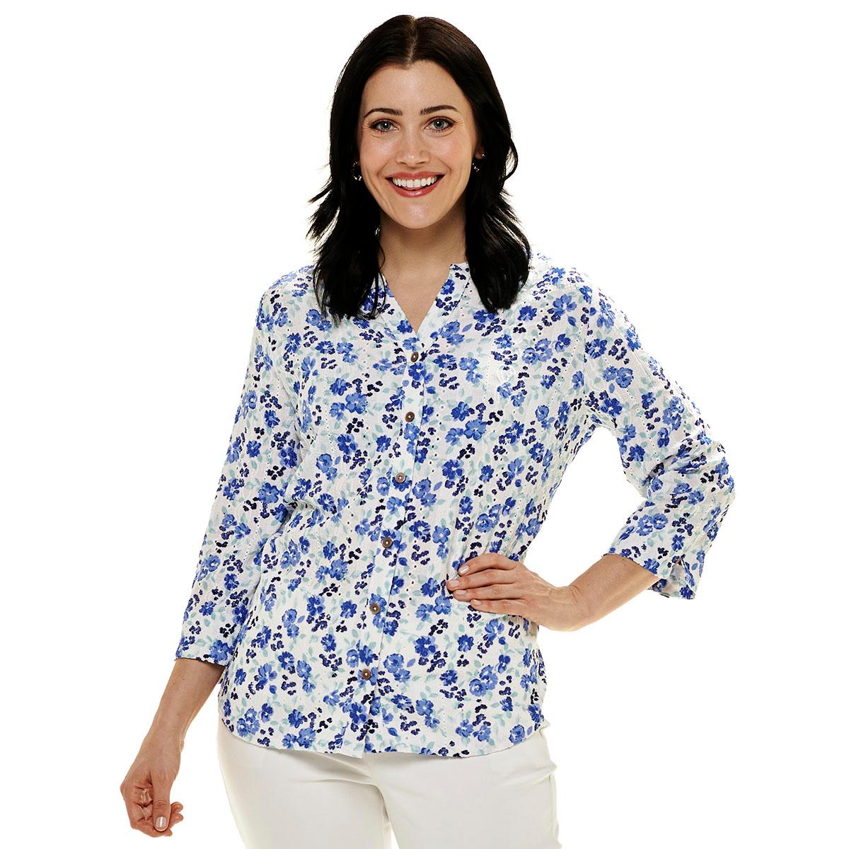 Click here for Plus Size Napa Valley 3/4 Sleeve Floral Eyelet Blo... prices