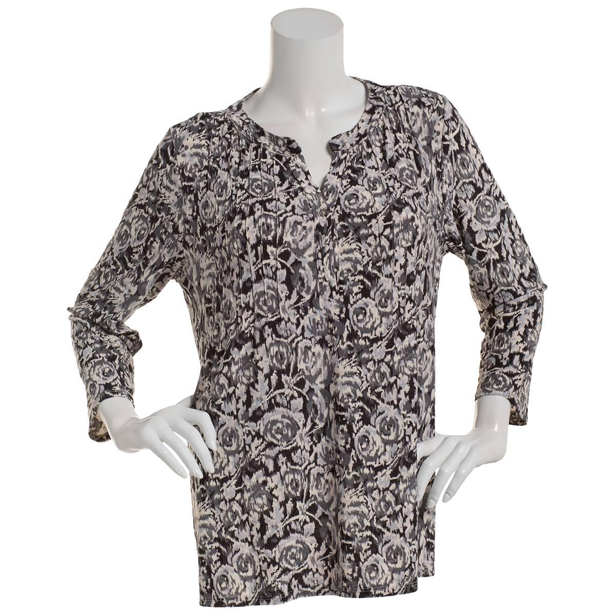 Click here for Petite Napa Valley 3/4 Sleeve Ikat Pleat Henley Bl... prices