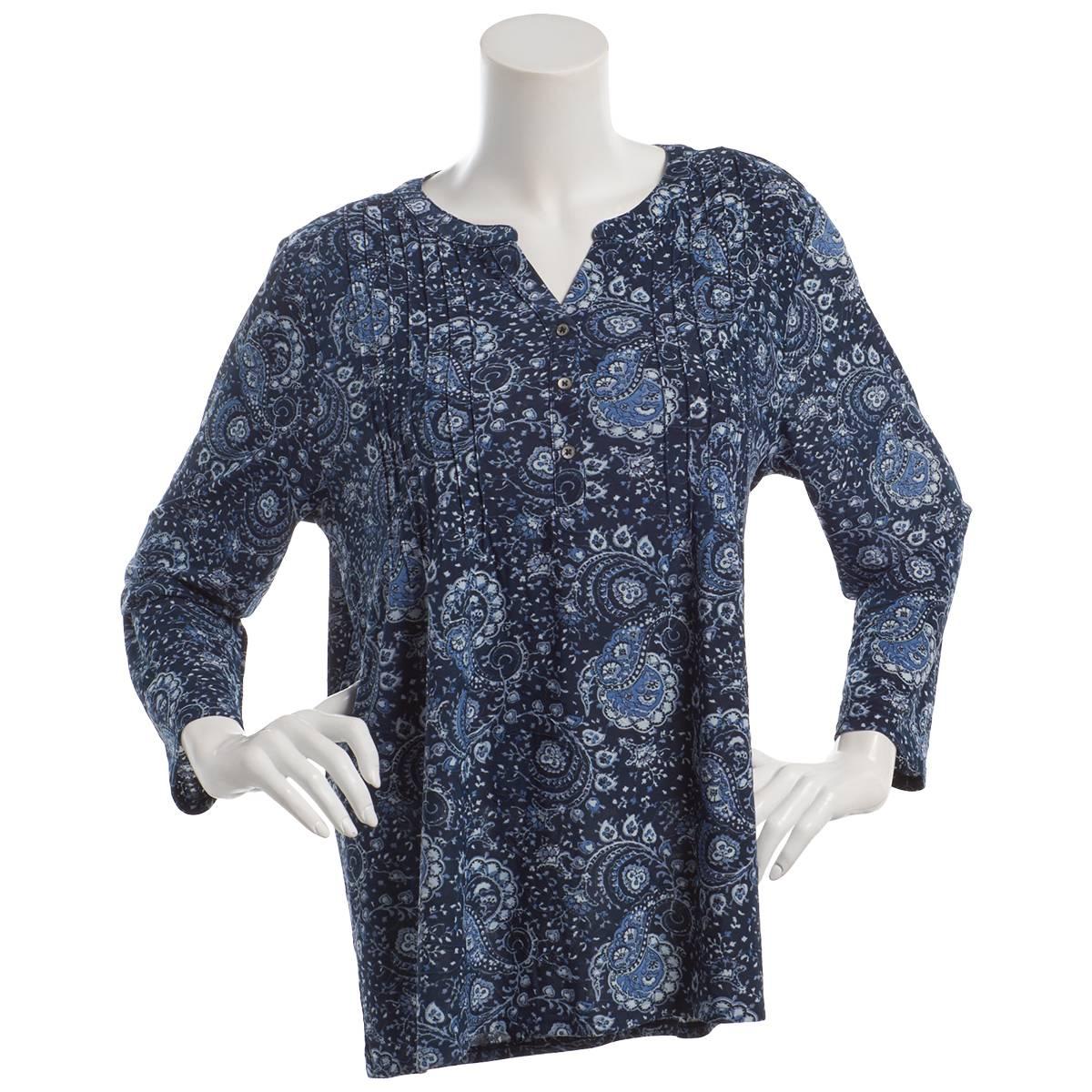 Click here for Petite Napa Valley 3/4 Sleeve Paisley Pleat Henley... prices