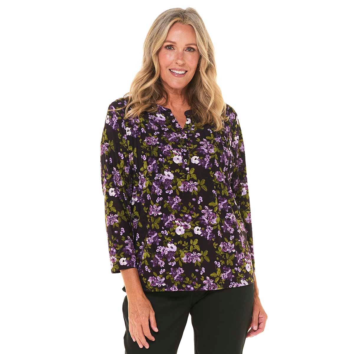 Click here for Plus Size Napa Valley 3/4 Sleeve Floral Leaf Split... prices