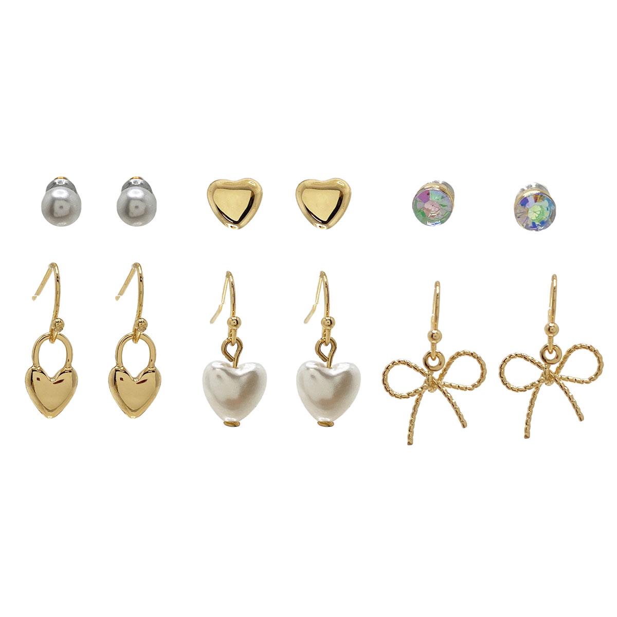 Click here for Ashley 6pc. Gold Heart Pearl Earring Set prices