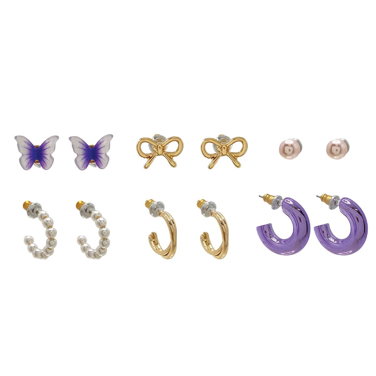 Click here for Ashley Gold 6pc. Purple Hoop & Bow Earring Set prices