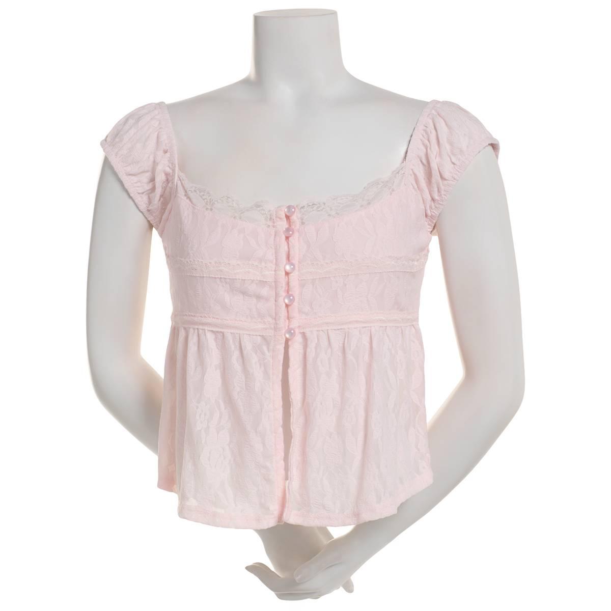 Click here for Juniors Self Esteem Lace Button Front Fly-A-Way Bl... prices