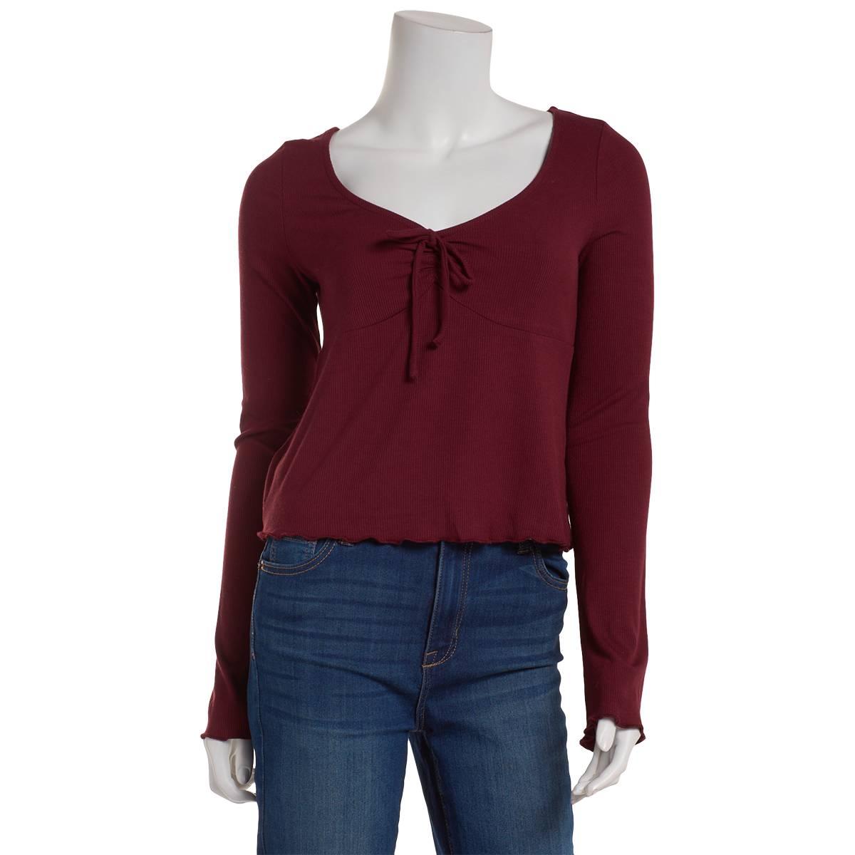 Self Esteem Juniors Solid V-Neck Rib Knit Long Sleeve - Tawny Port