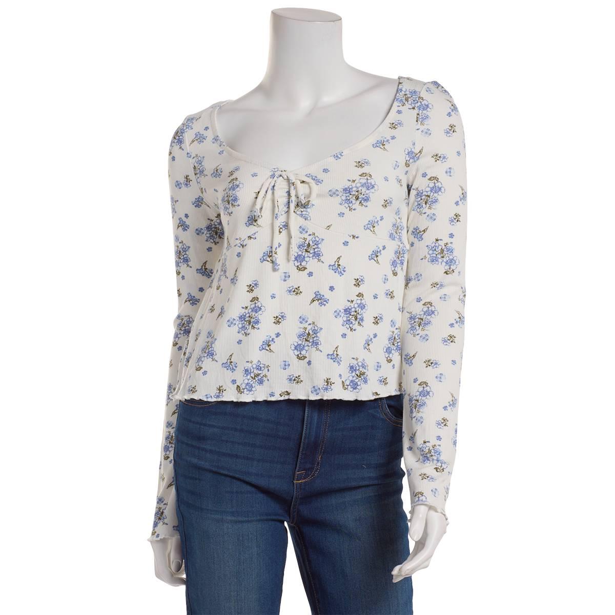 Self-Esteem Juniors Printed V-Neck Rib Knit Long Sleeve - White Blue Floral
