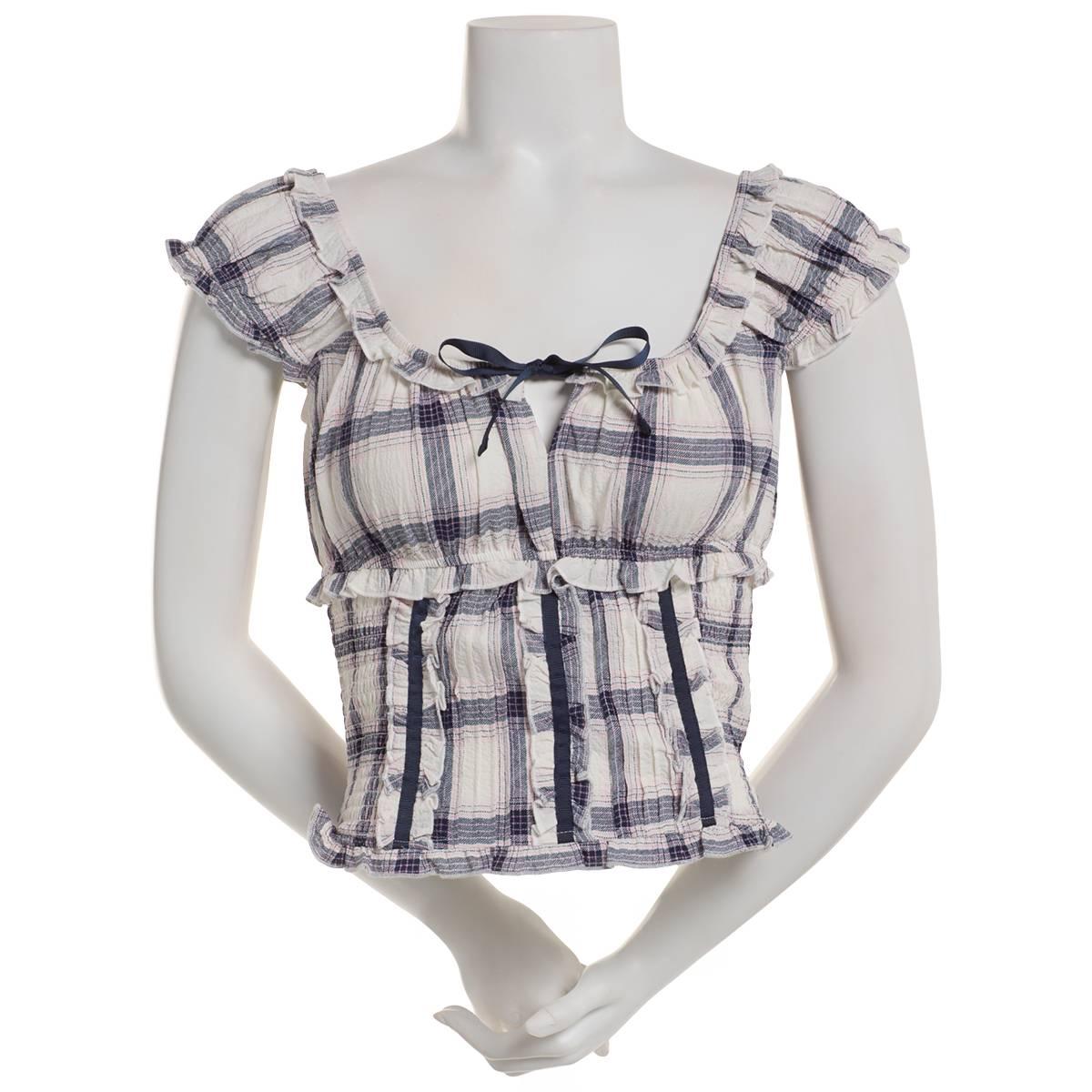 Click here for Juniors Self Esteem Navy Plaid Smock Ruffle Trim B... prices