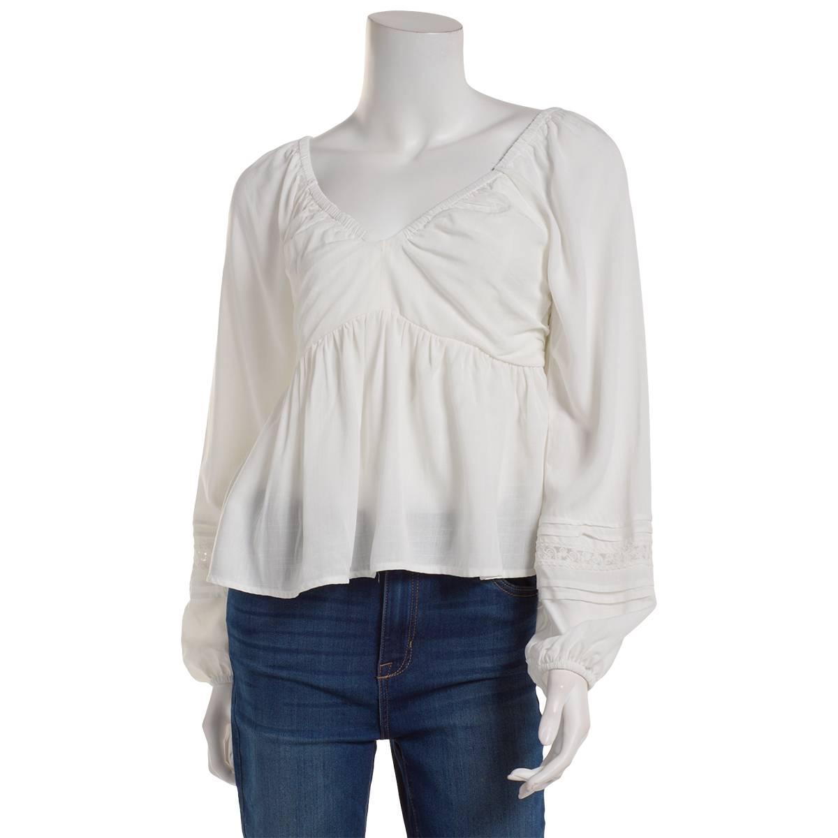 Self Esteem Juniors Ruched V-Neck Lace-Inset Blouse - Whisper White