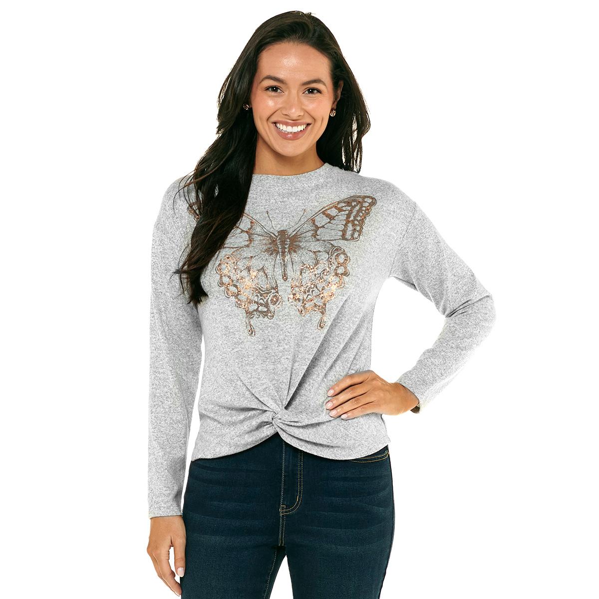 Click here for Womens Tru Self Long Sleeve Twist Front Butterfly... prices