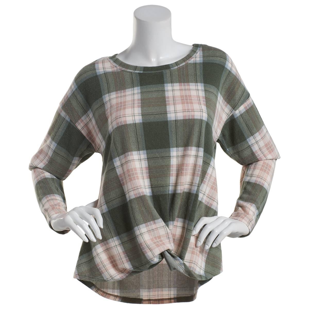 Click here for Womens Tru Self Long Sleeve Twist Front Plaid Pull... prices
