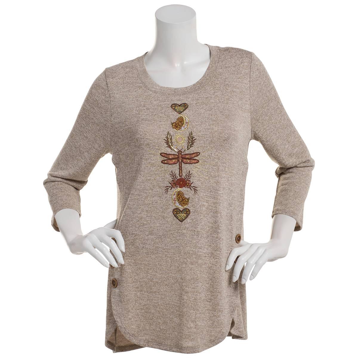 Click here for Womens Tru Self 3/4 Sleeve Button Detail Graphic T... prices