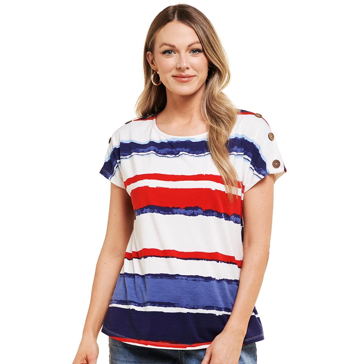 Click here for Womens Tru Self Button Shoulder Stripe Tee prices
