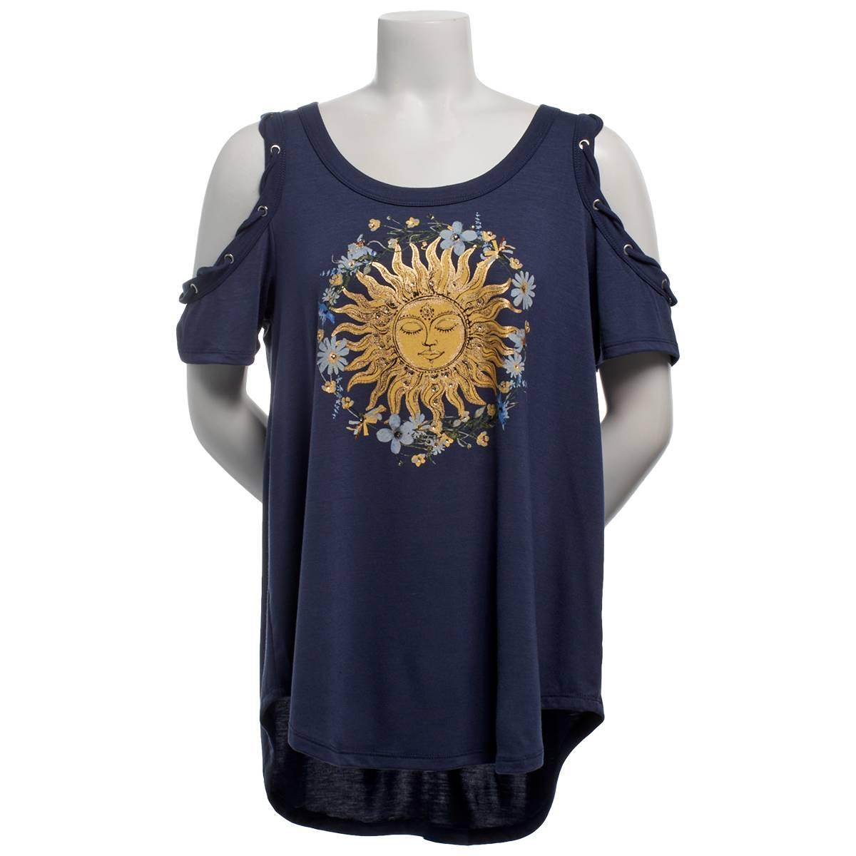 Click here for Womens Tru Self Cold Shoulder With Sun Graphic Tee prices