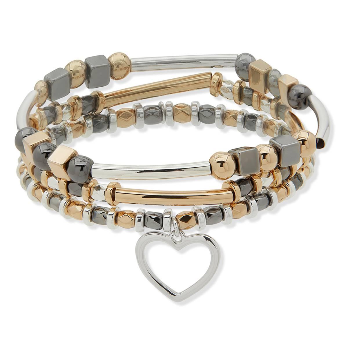 Click here for Nine West 3pc. Tri-Tone Heart Charm Stretch Bracel... prices