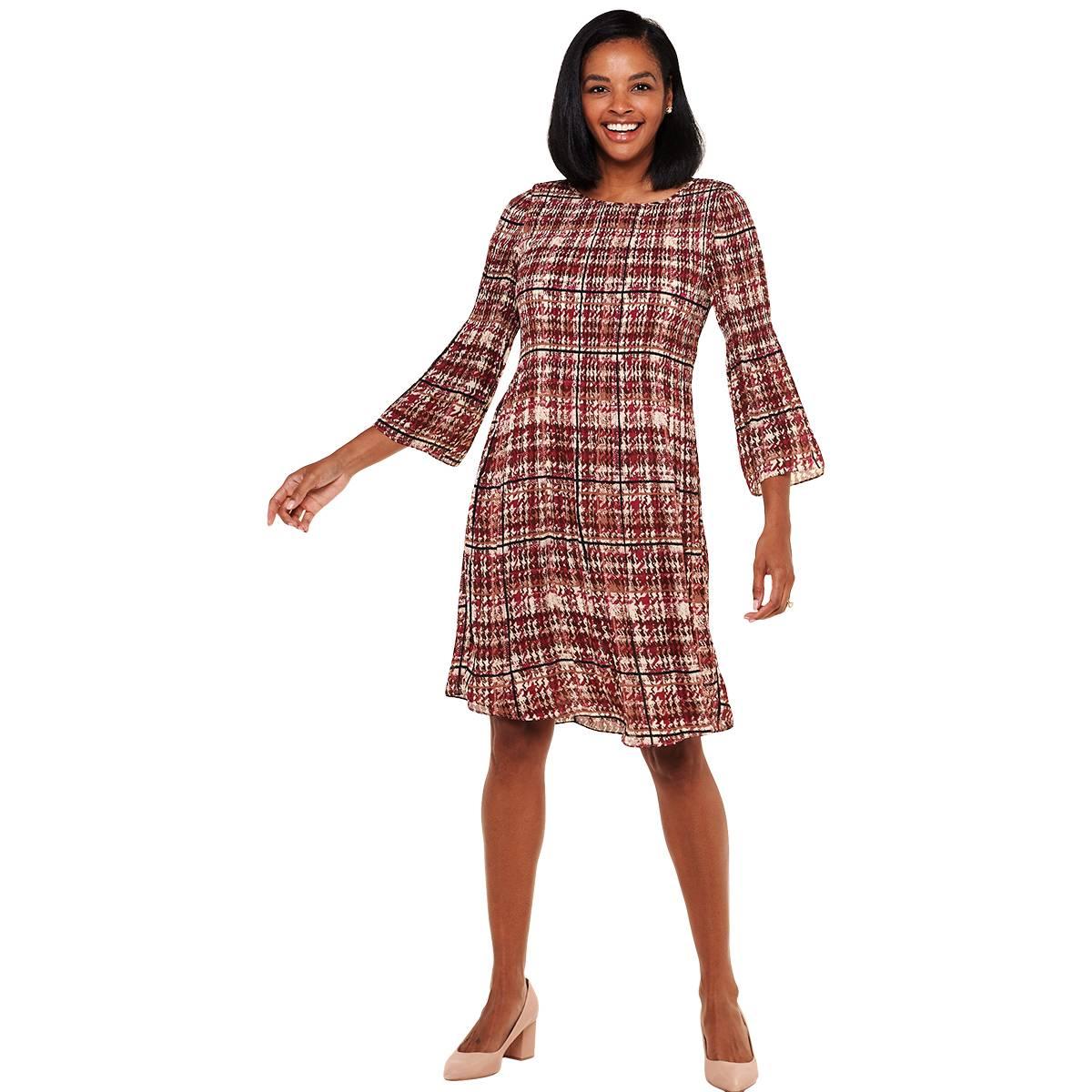 Plus Size Ninety Clothing 3/4 Bell Sleeve Plaid A-Line Dress