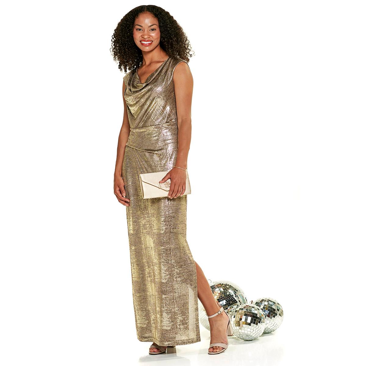 Click here for Womens Connected Apparel Drape Neck Metallic Eveni... prices