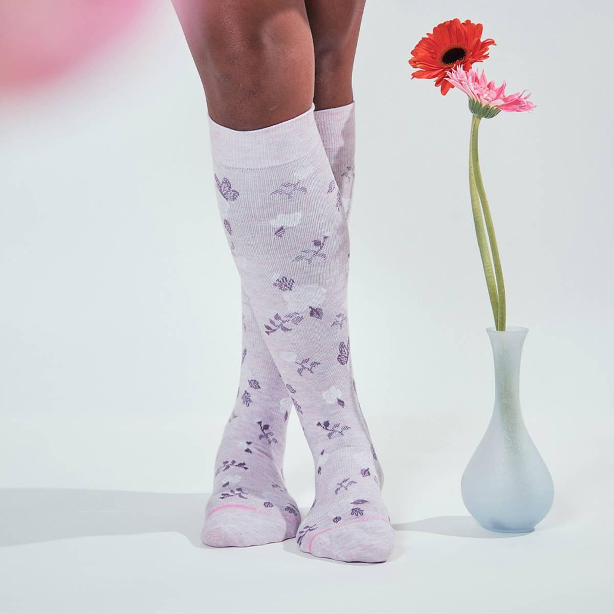 Click here for Womens Dr. Motion Roses Lilac Knee High Compressio... prices