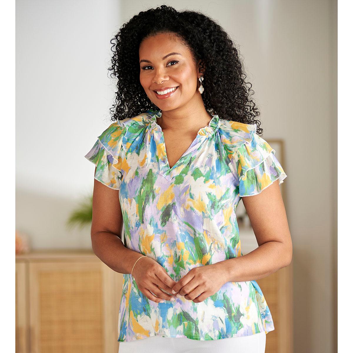 Click here for Womens Nanette Lepore Ruffle Sleeve Watercolor Flo... prices