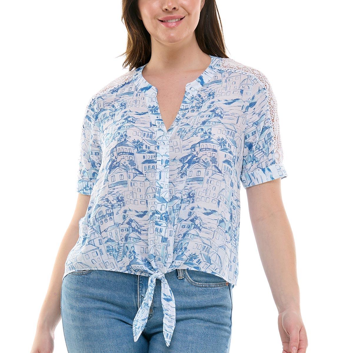 Click here for Womens Zac & Rachel Greece Scenic Tie Front Blouse prices
