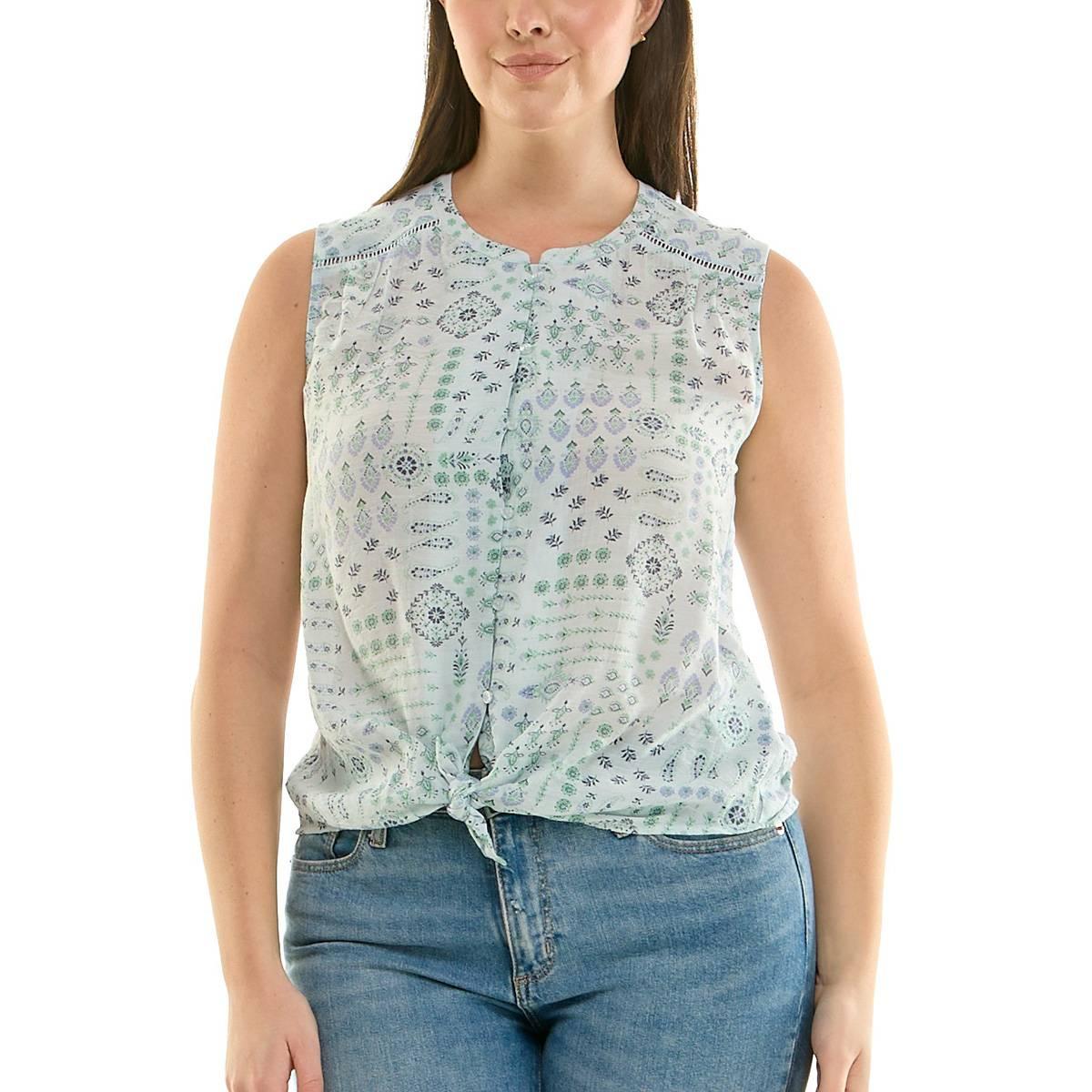 Click here for Womens Zac & Rachel Sleeveless Tie Front Abstract... prices