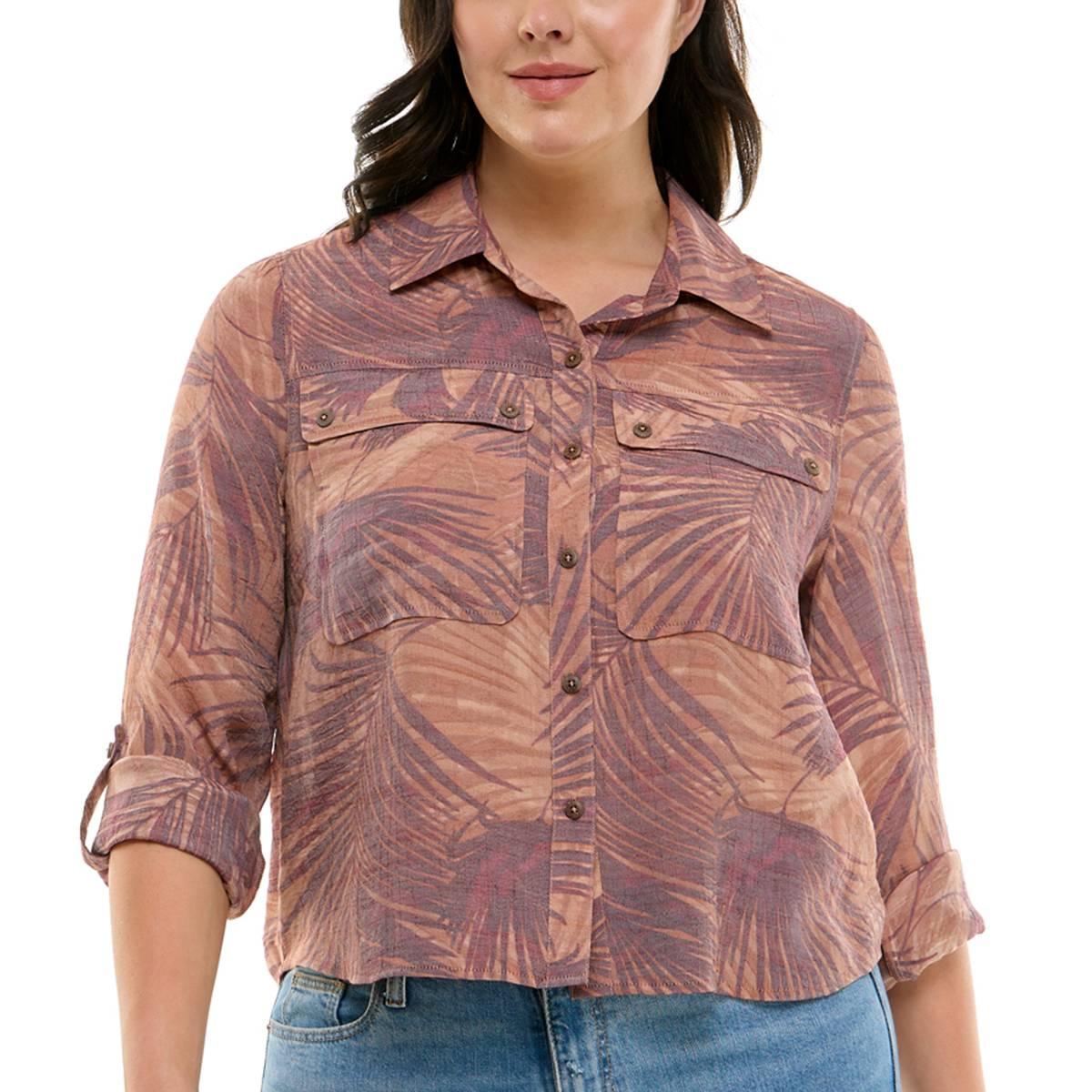Womens Zac & Rachel 3/4 Roll Tab Sleeve Tropical Palm Button Down